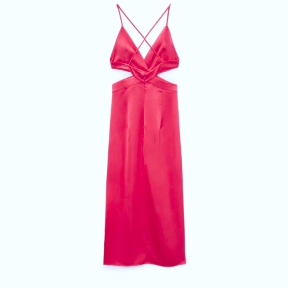 Zara | Dresses | Zara Satin Effect Cut Out Midi Dress In Fuchsia Pink Size Xs New With Tag ...